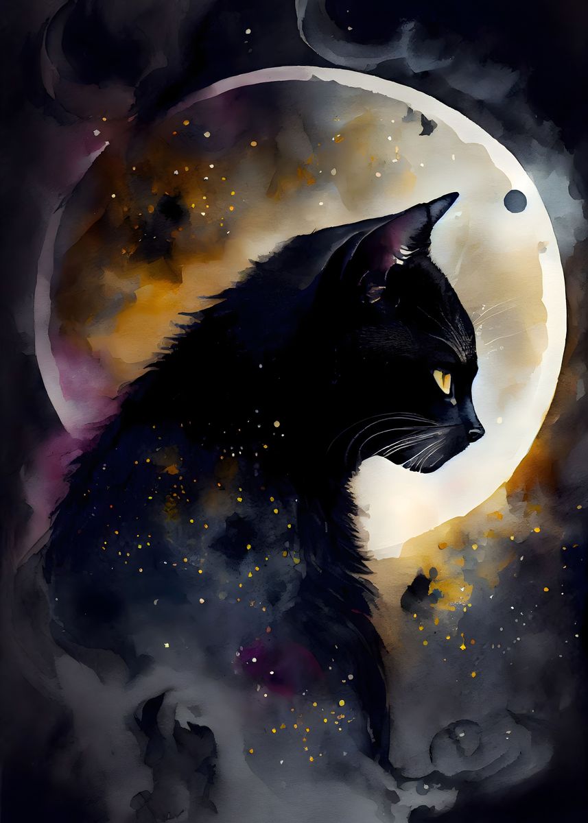 'Black Cat Lunar Eclipse' Poster, picture, metal print, paint by Ali Ch ...