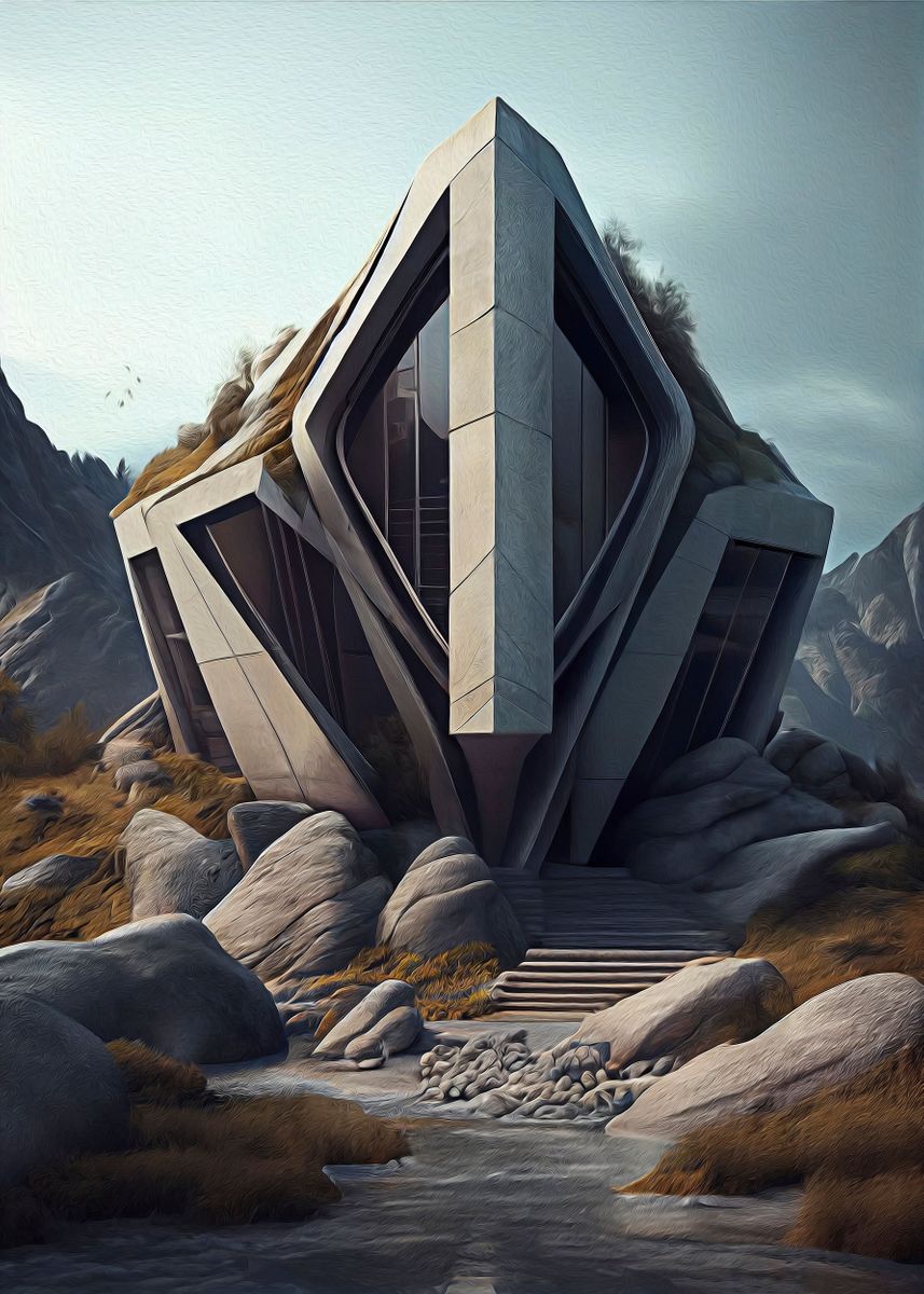 'Futuristic Stone Building' Poster, picture, metal print, paint by ...