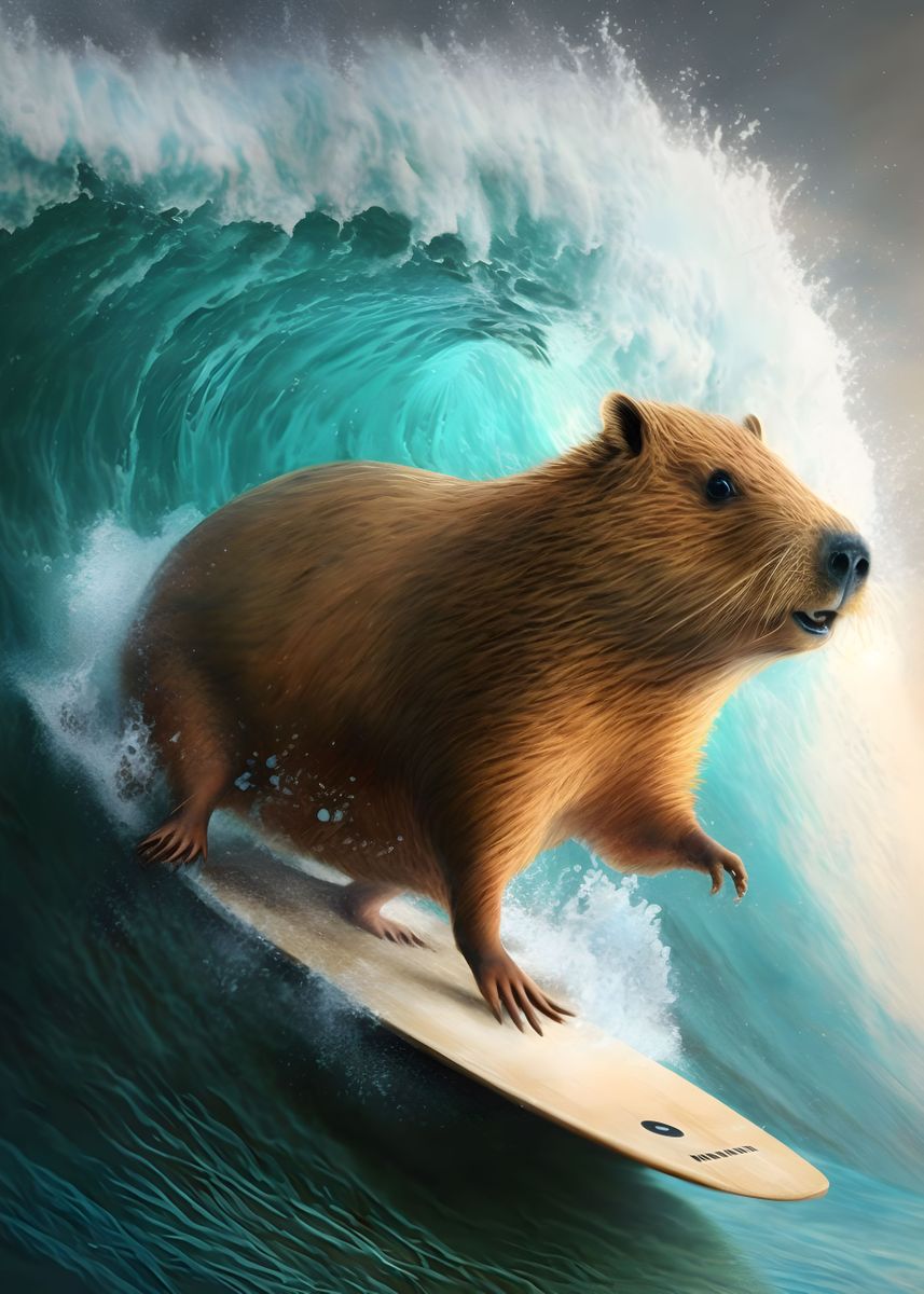 'Capybara Surfng' Poster, picture, metal print, paint by Biglui | Displate