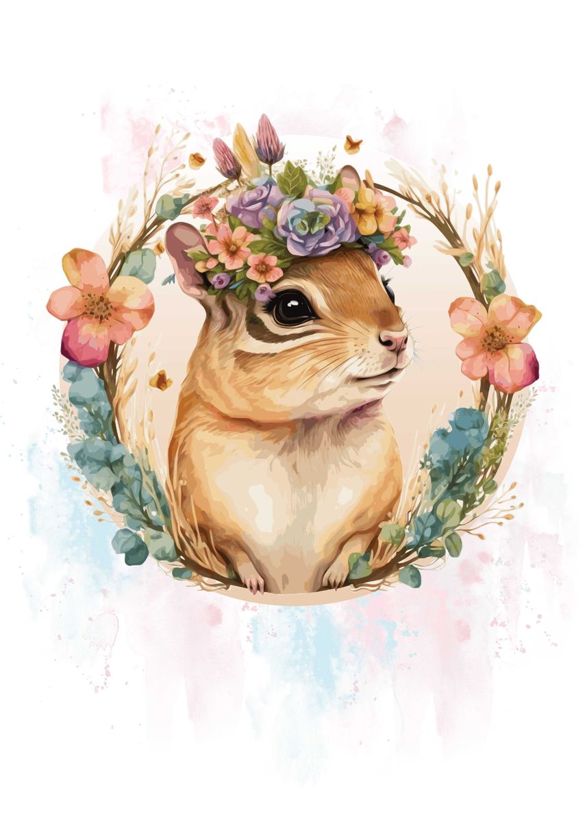 'Floral Chipmunk Painting' Poster, picture, metal print, paint by ...