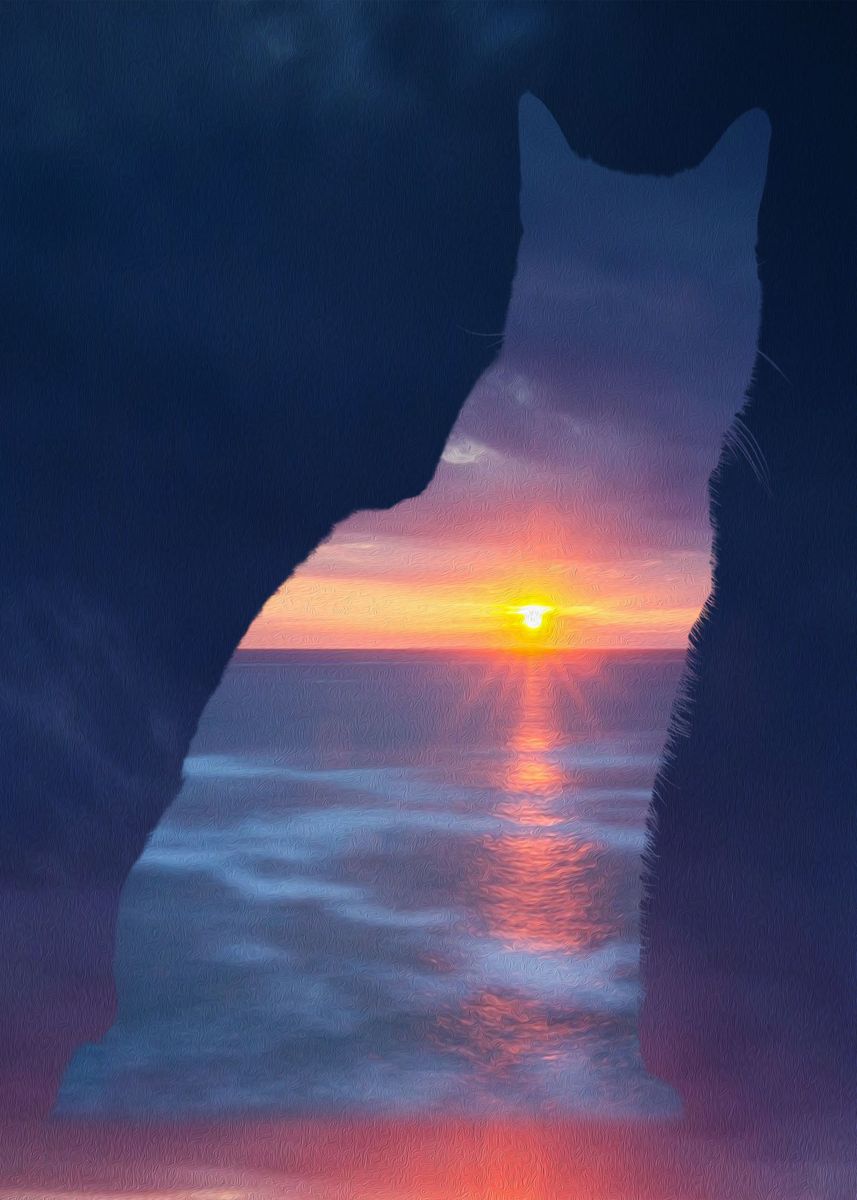 'Sunset Cat' Poster, picture, metal print, paint by MONLart | Displate