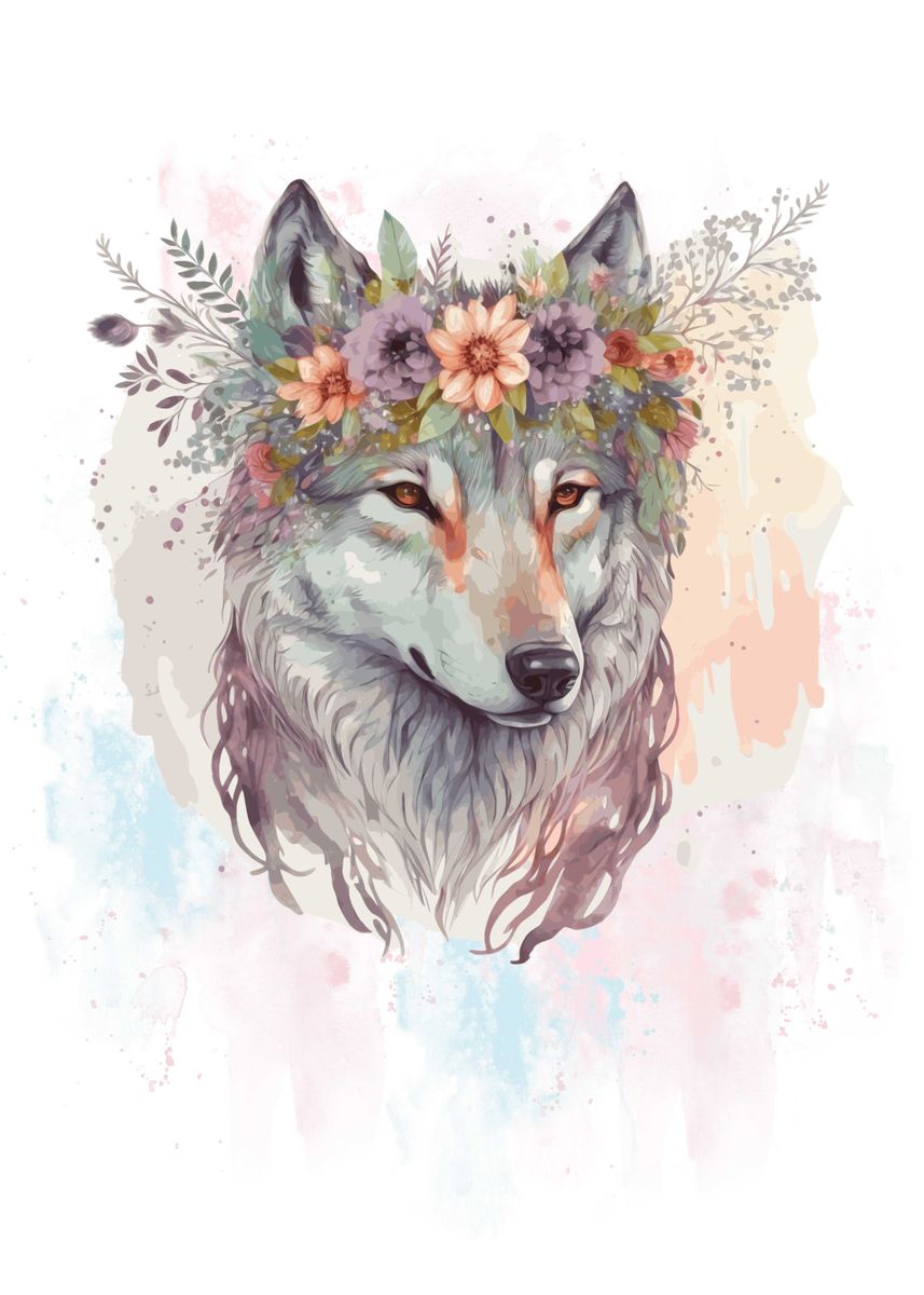 'Flower Wolf Painting Art' Poster, picture, metal print, paint by ...