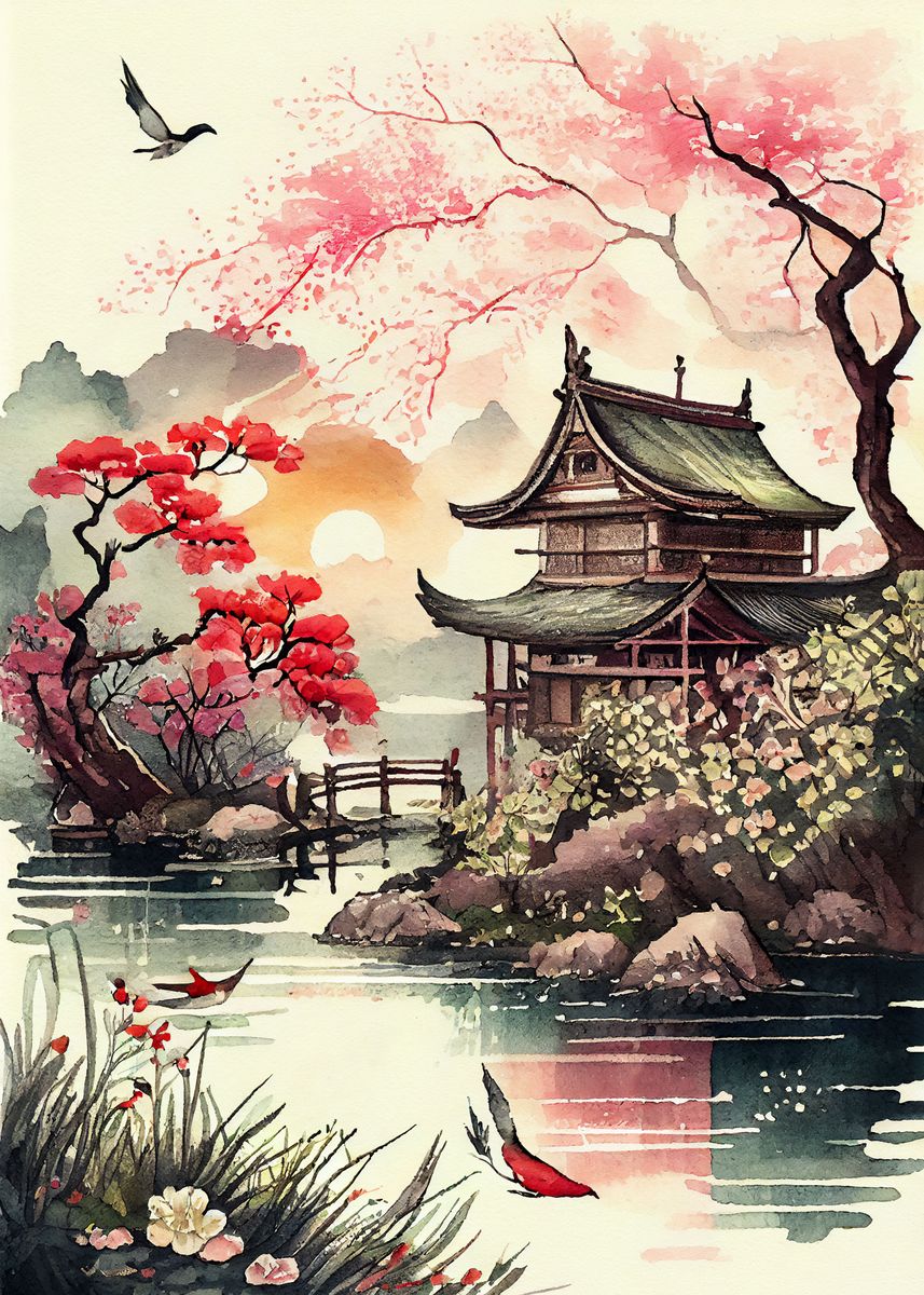'A zen japanese lakehouse' Poster, picture, metal print, paint by ...