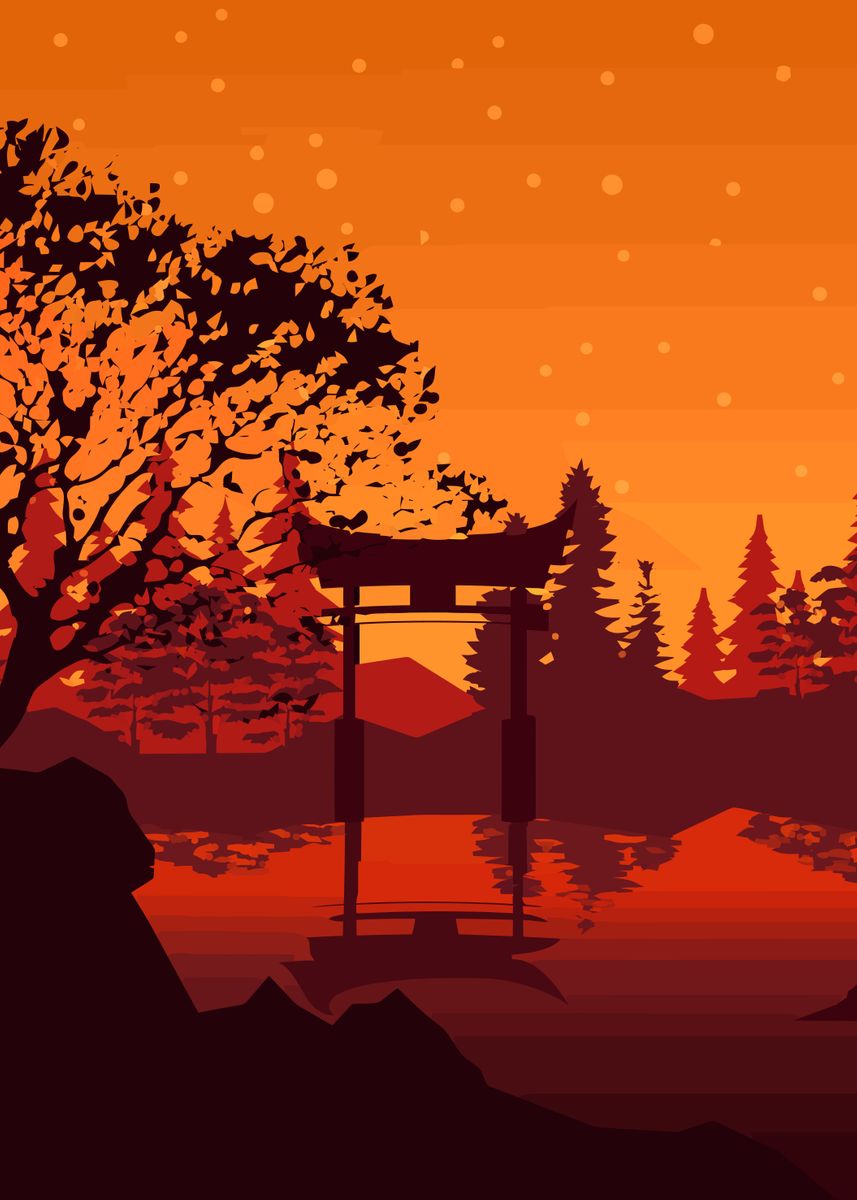 'orange japanese forest 2' Poster, picture, metal print, paint by crbn ...