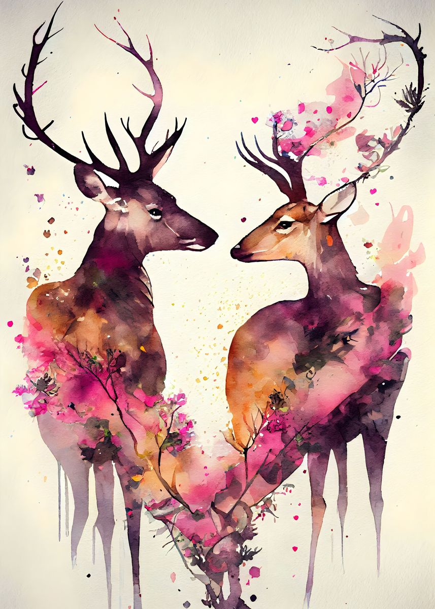 'Wild Romance Deer Couple' Poster, picture, metal print, paint by Ali ...