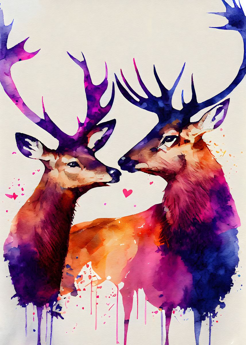 'Wild Romance Deer Couple' Poster, picture, metal print, paint by Ali ...
