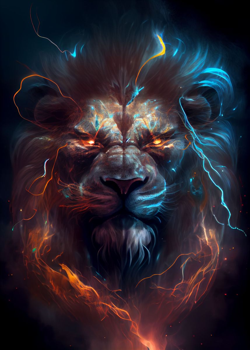 'Crackling Lightning Lion ' Poster, picture, metal print, paint by ...