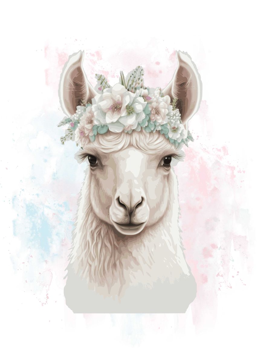 'Floral Watercolor Alpaca' Poster, picture, metal print, paint by ...