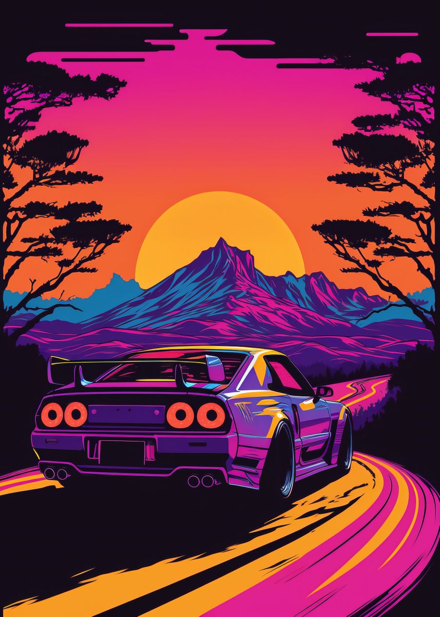 ' R32 Skyline Synthwave ' Poster, picture, metal print, paint by ...