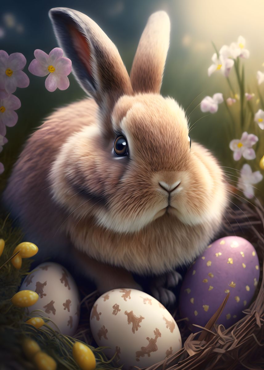 'Fluffy bunny with eggs ' Poster by CanvasPixelDreams | Displate