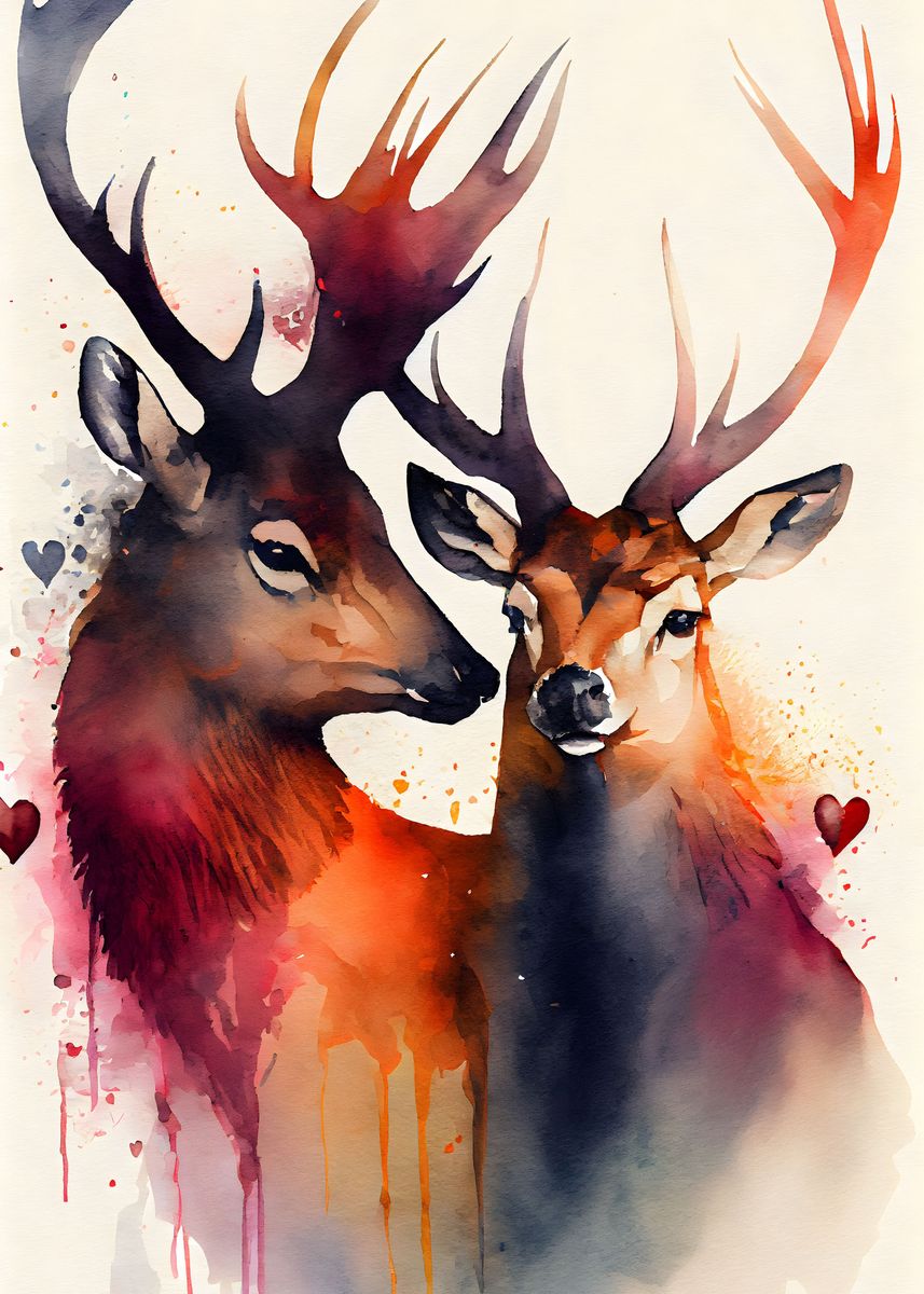 'Wild Romance Deer Couple' Poster, picture, metal print, paint by Ali ...