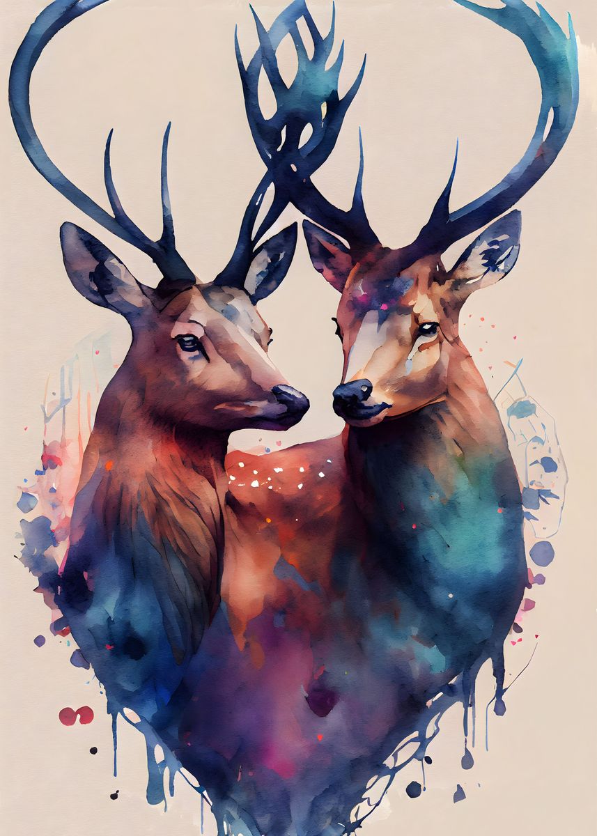 'Wild Romance Deer Couple' Poster, picture, metal print, paint by Ali ...