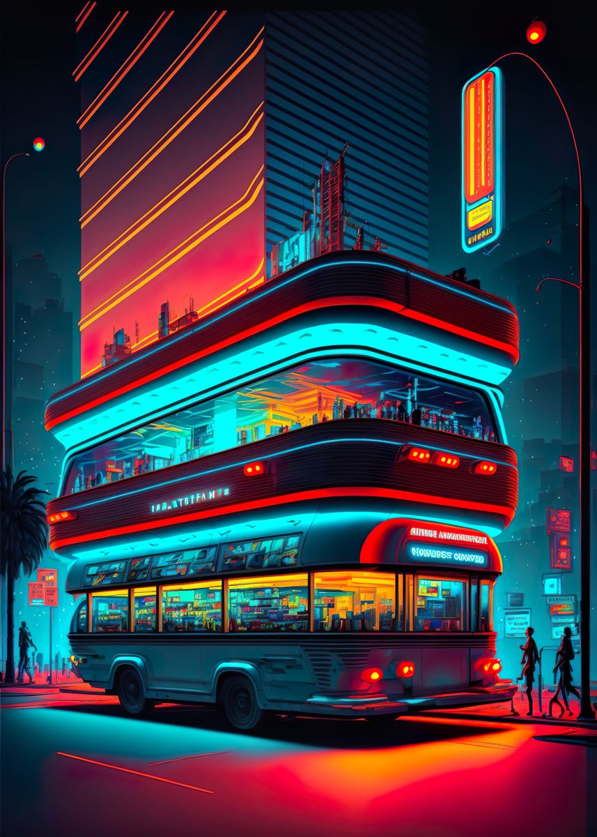 'Cyber Retro Bus ' Poster, picture, metal print, paint by Kowaa | Displate