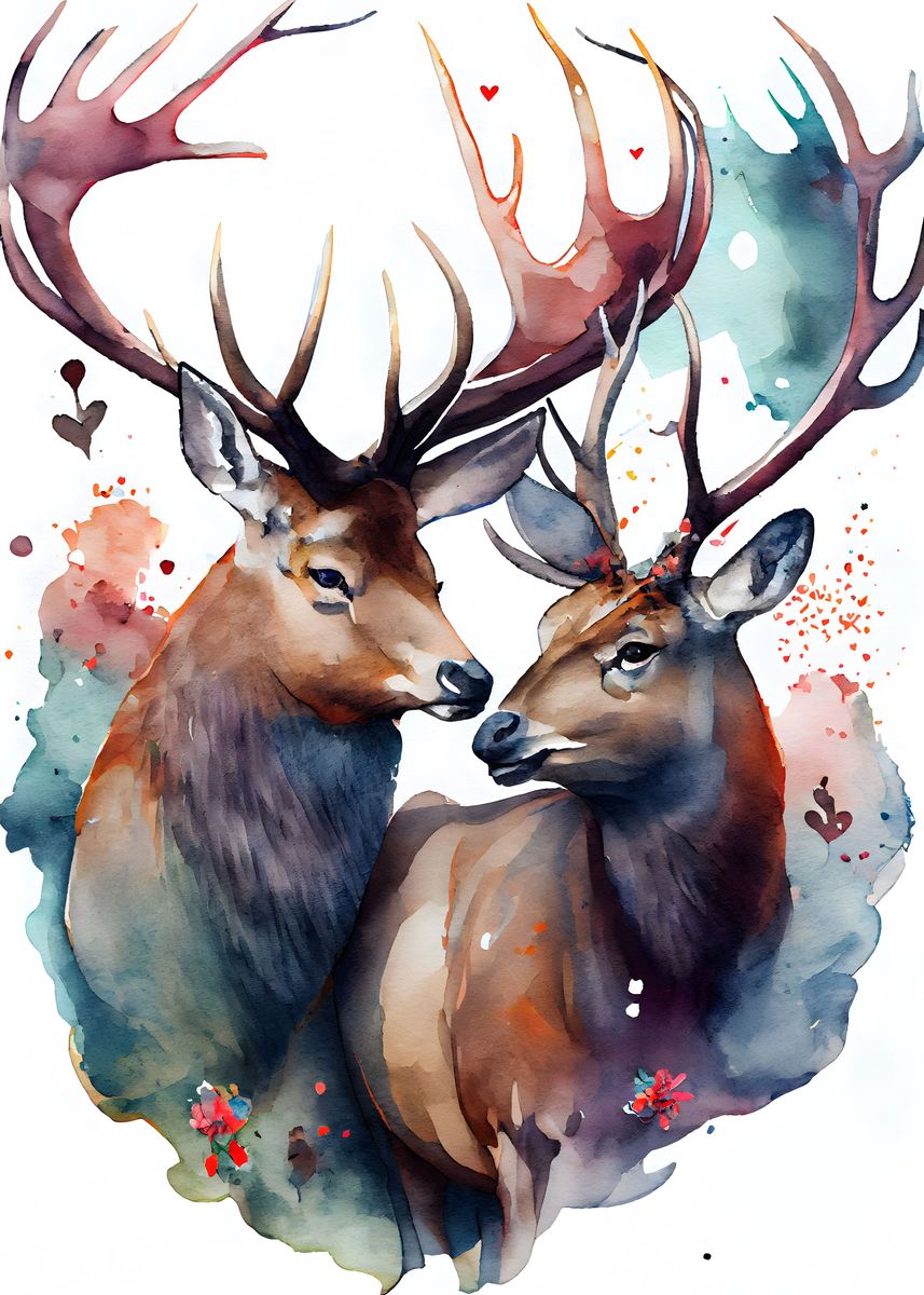 'Wild Romance Deer Couple' Poster, picture, metal print, paint by Ali ...