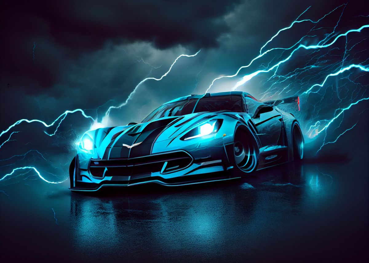 'Sports car and lightning' Poster by Below Horizon | Displate