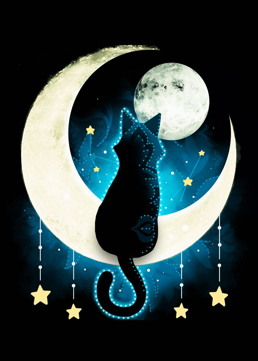 'Black Cat Moon' Poster, picture, metal print, paint by Valentina Fabbri | Displate