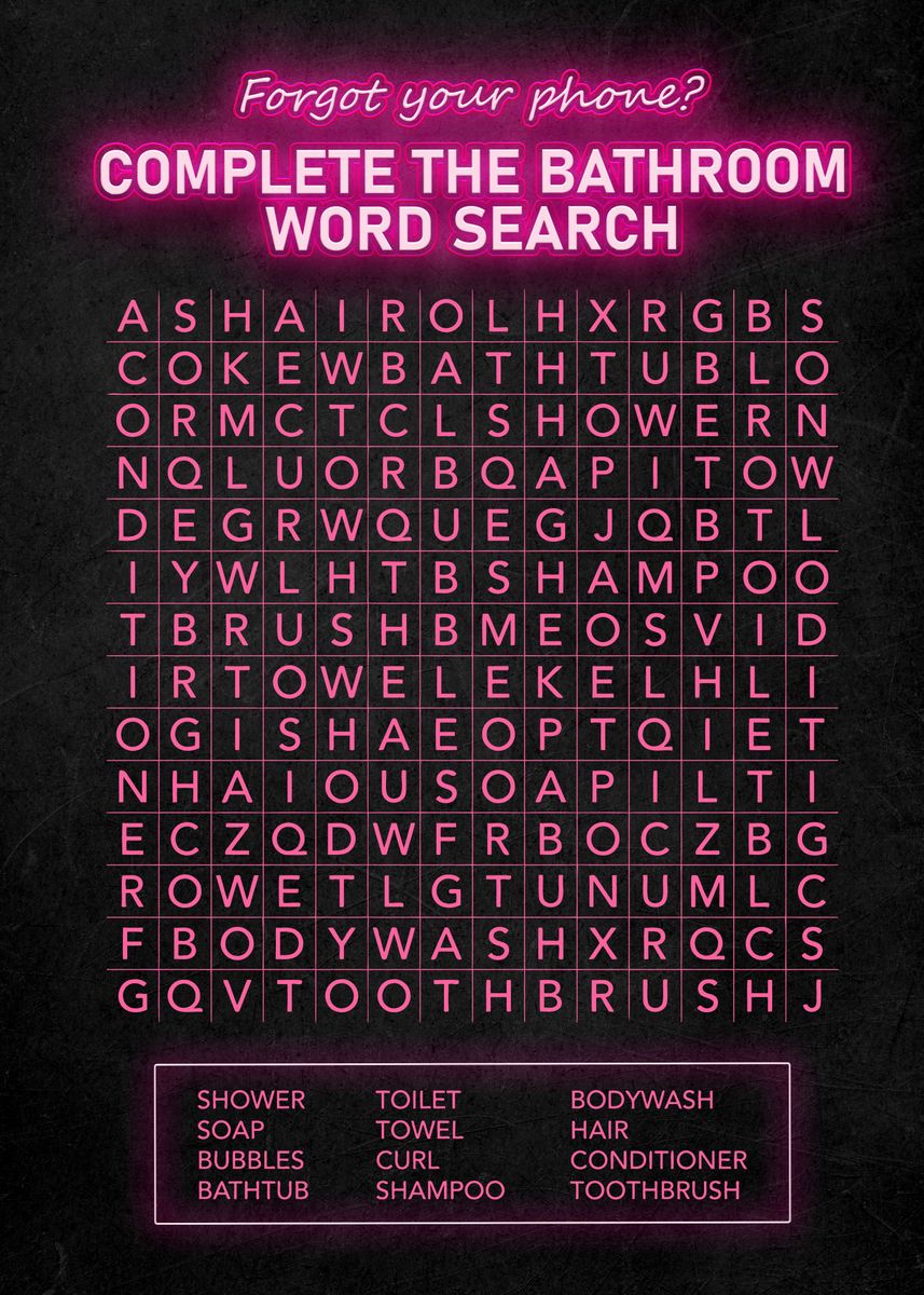'Bathroom Word Seach' Poster, picture, metal print, paint by Wall Art ...