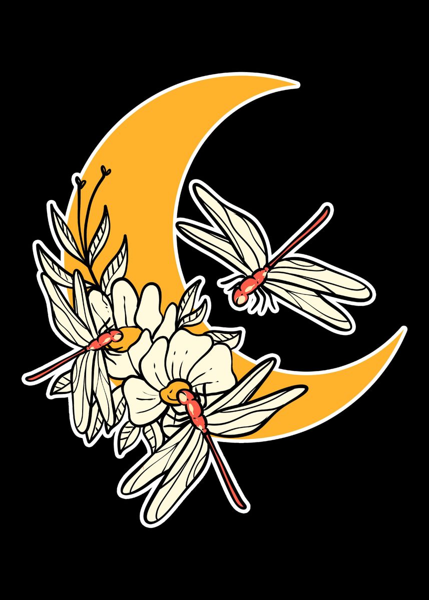 'Dragonfly Moon Flower Natu' Poster by Powdertoastman | Displate