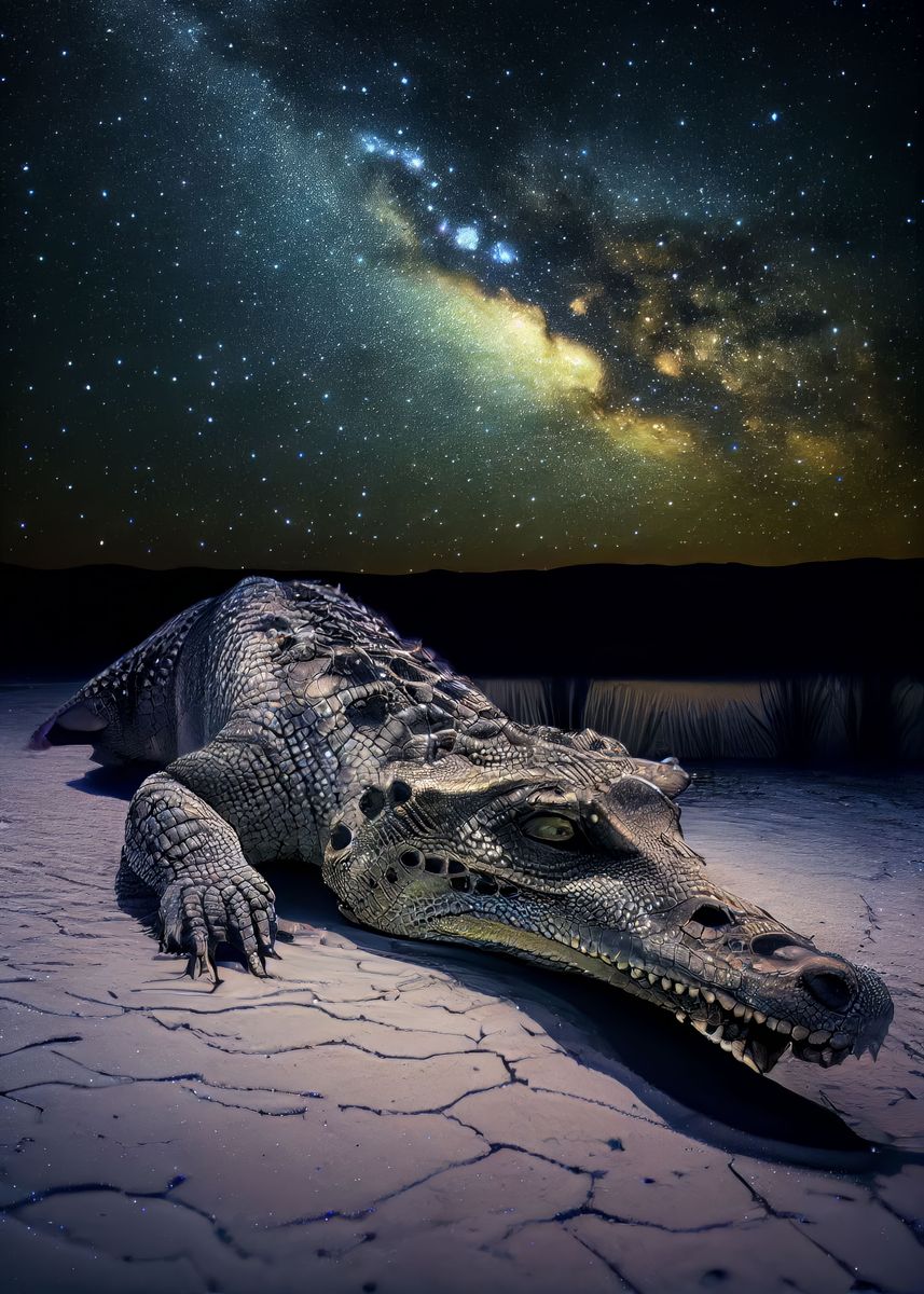'Crocodile under the Starry' Poster, picture, metal print, paint by ...