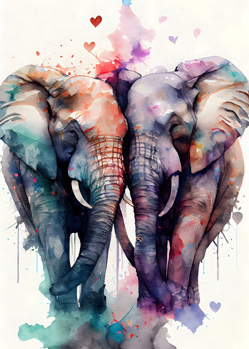 'Elephant Couple Watercolor' Poster, picture, metal print, paint by Ali ...