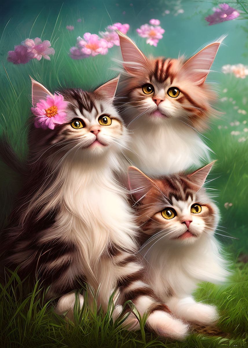 'Cute Kitty Cats at meadow' Poster, picture, metal print, paint by Max ...