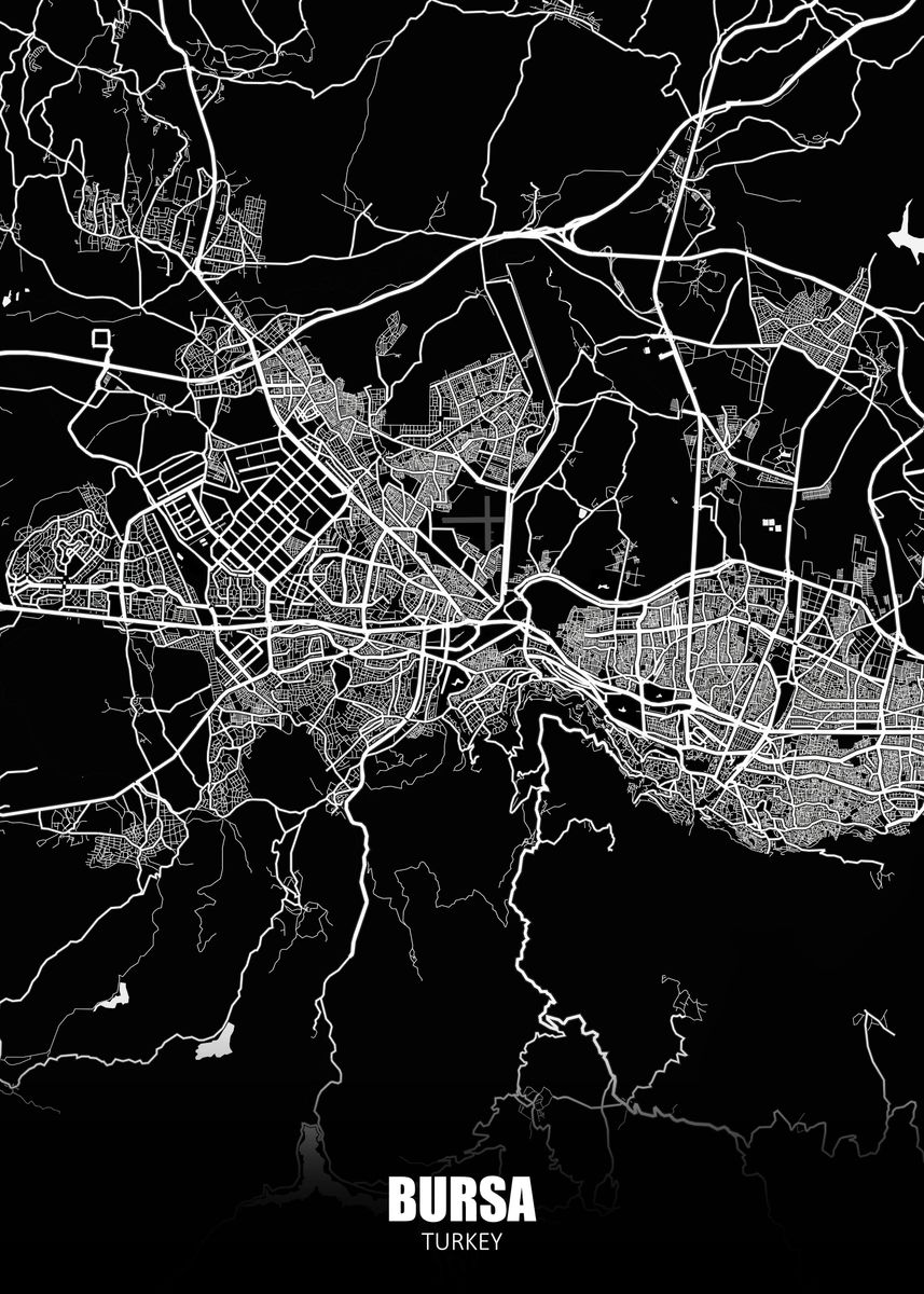 'Bursa Turkey Dark Map' Poster, picture, metal print, paint by Zake ...
