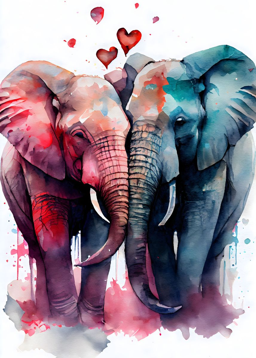 'Elephant Couple Watercolor' Poster, picture, metal print, paint by Ali ...