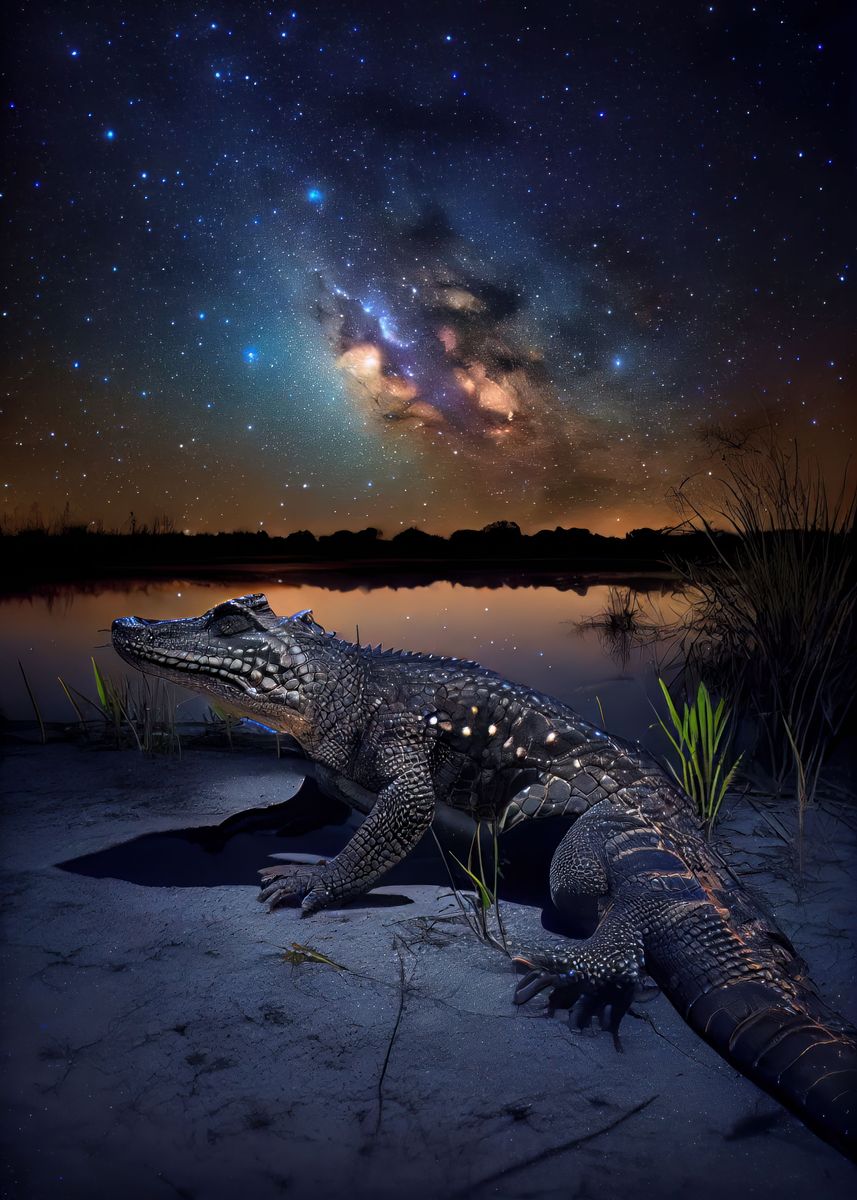 'Alligator under the Stars' Poster, picture, metal print, paint by ...