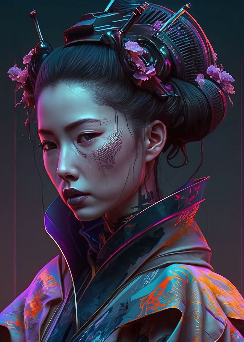 'Geisha Neon Cyberpunk Art' Poster by Jay | Displate
