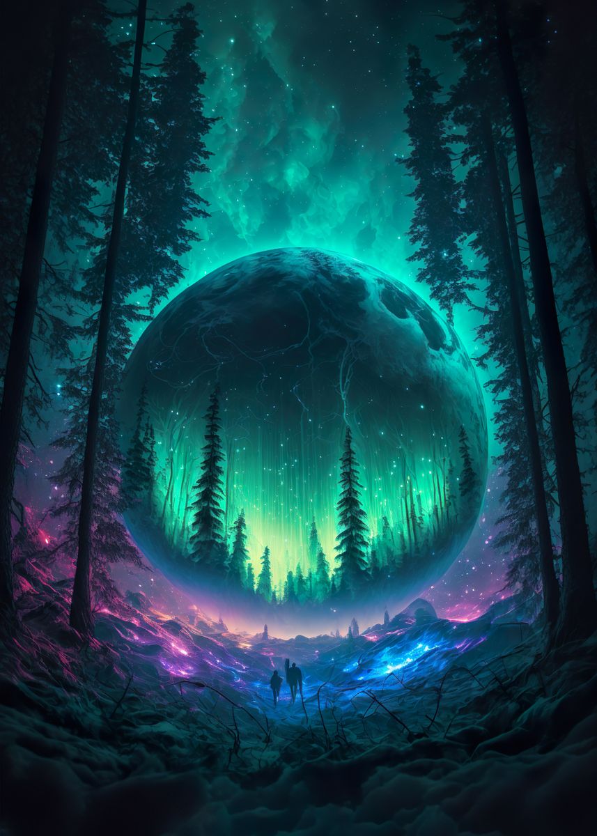 'Forrest Moon Polar Lights' Poster, picture, metal print, paint by ...