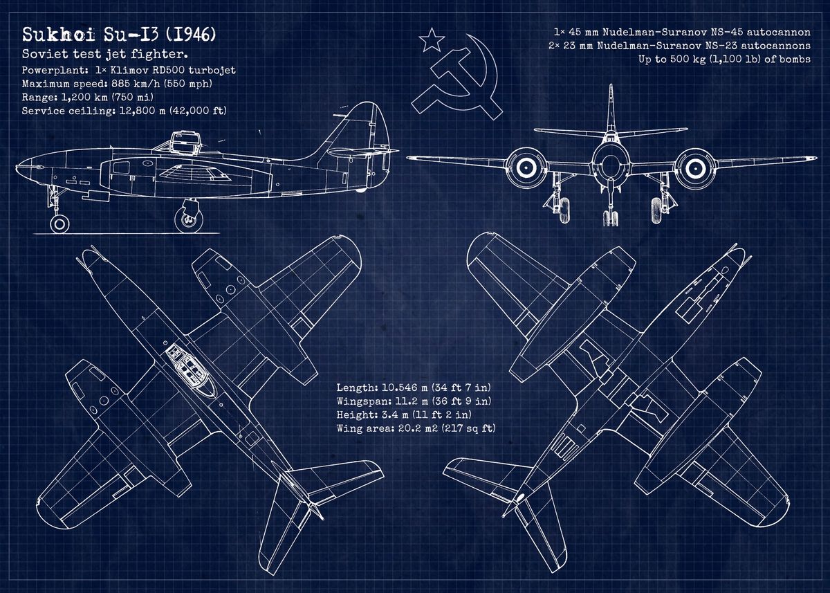 'Sukhoi Su13 Blueprint 1946' Poster by AirCraft Lover | Displate