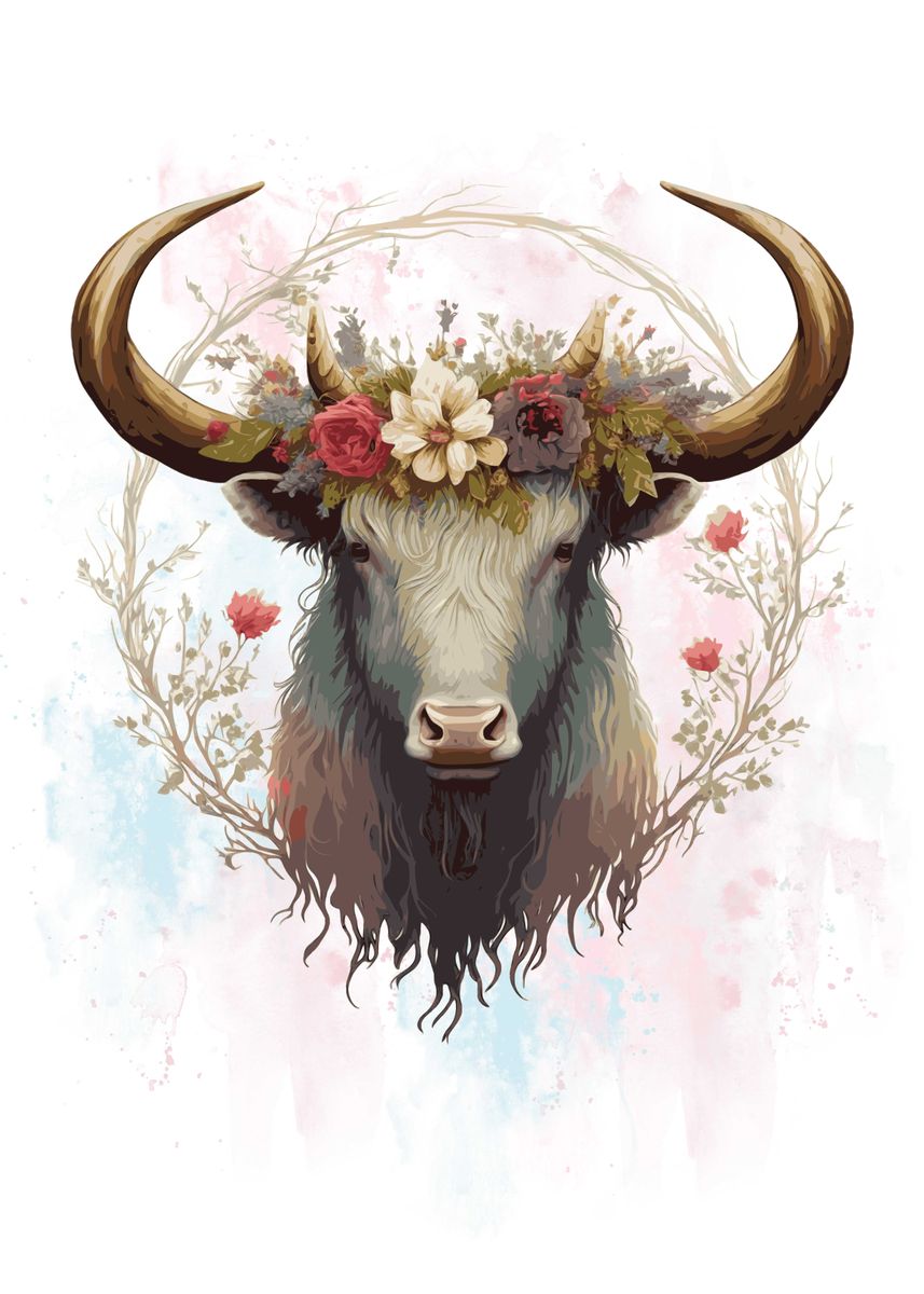 'Floral Watercolor Yak' Poster, picture, metal print, paint by ...