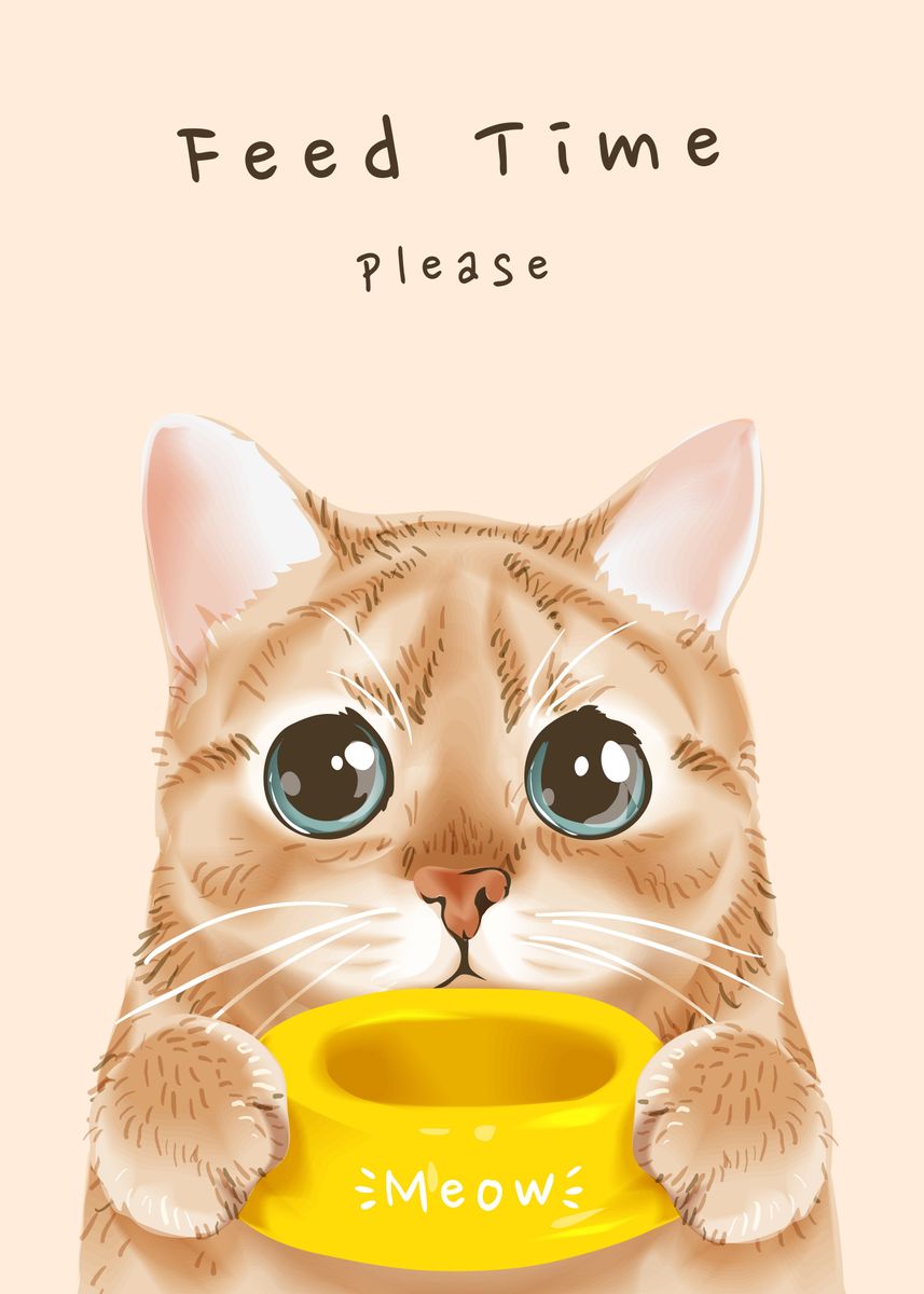 'Cute cat holding food bowl' Poster, picture, metal print, paint by ...