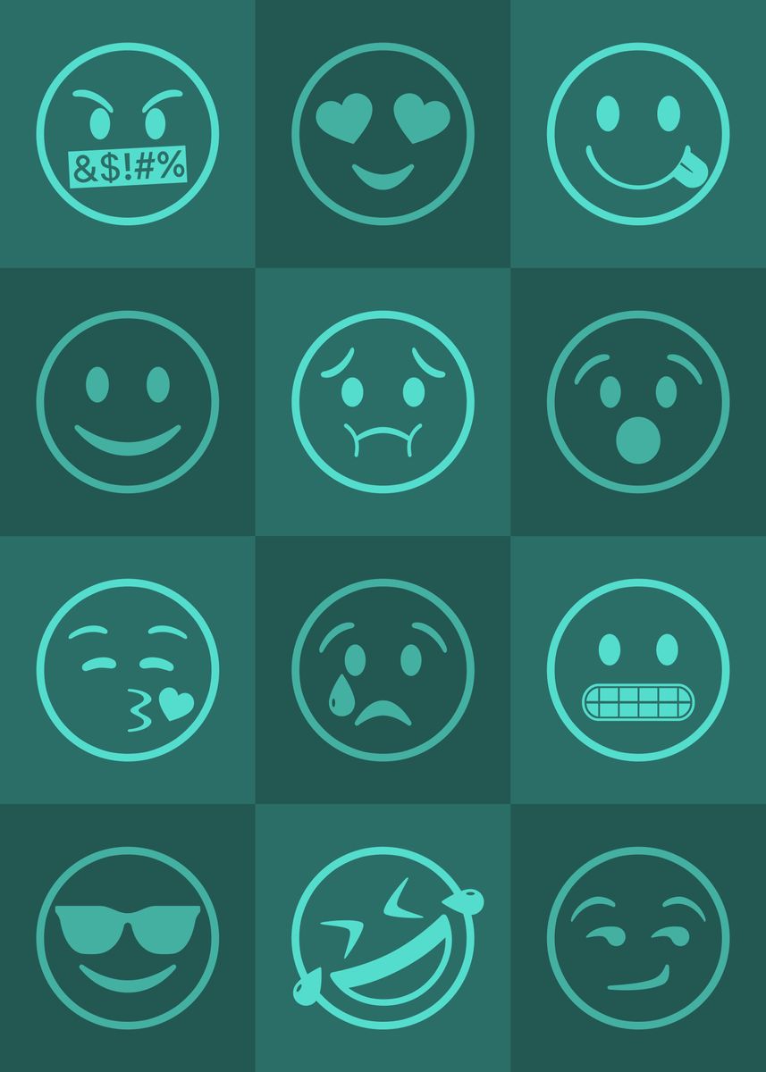 'Emoji Expressions Teal' Poster, picture, metal print, paint by ...