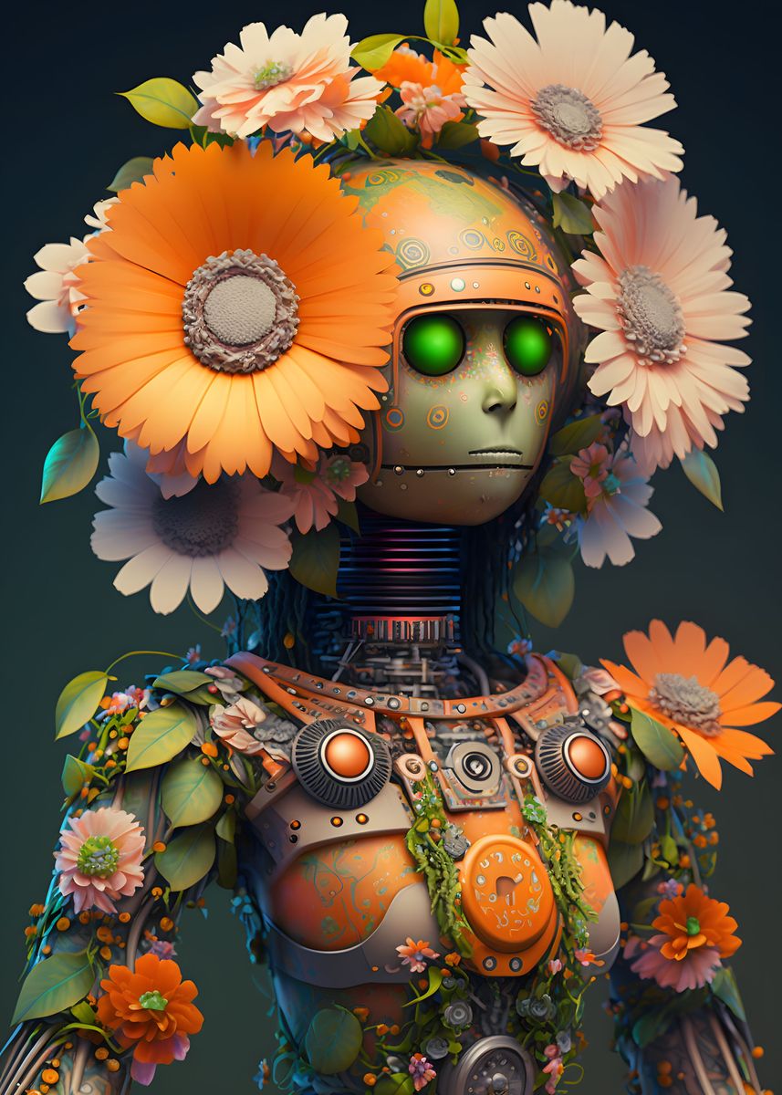 'Flower Power Hippie Robot' Poster, picture, metal print, paint by ...