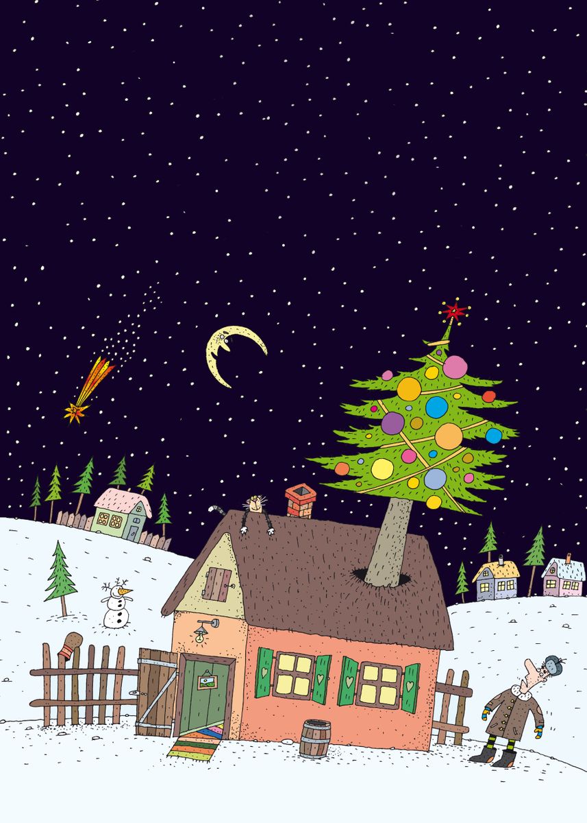 'house and Christmas tree' Poster, picture, metal print, paint by ...