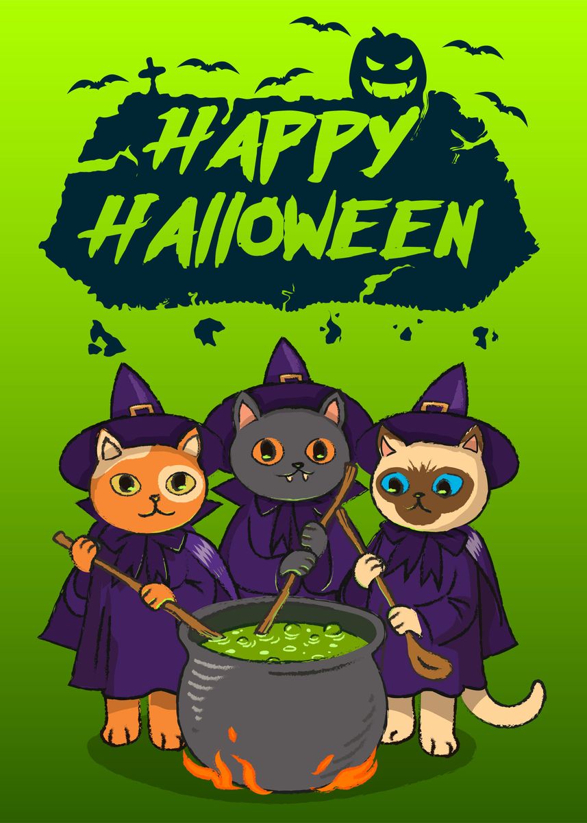 'Happy Halloween Witch Cats' Poster, picture, metal print, paint by ...