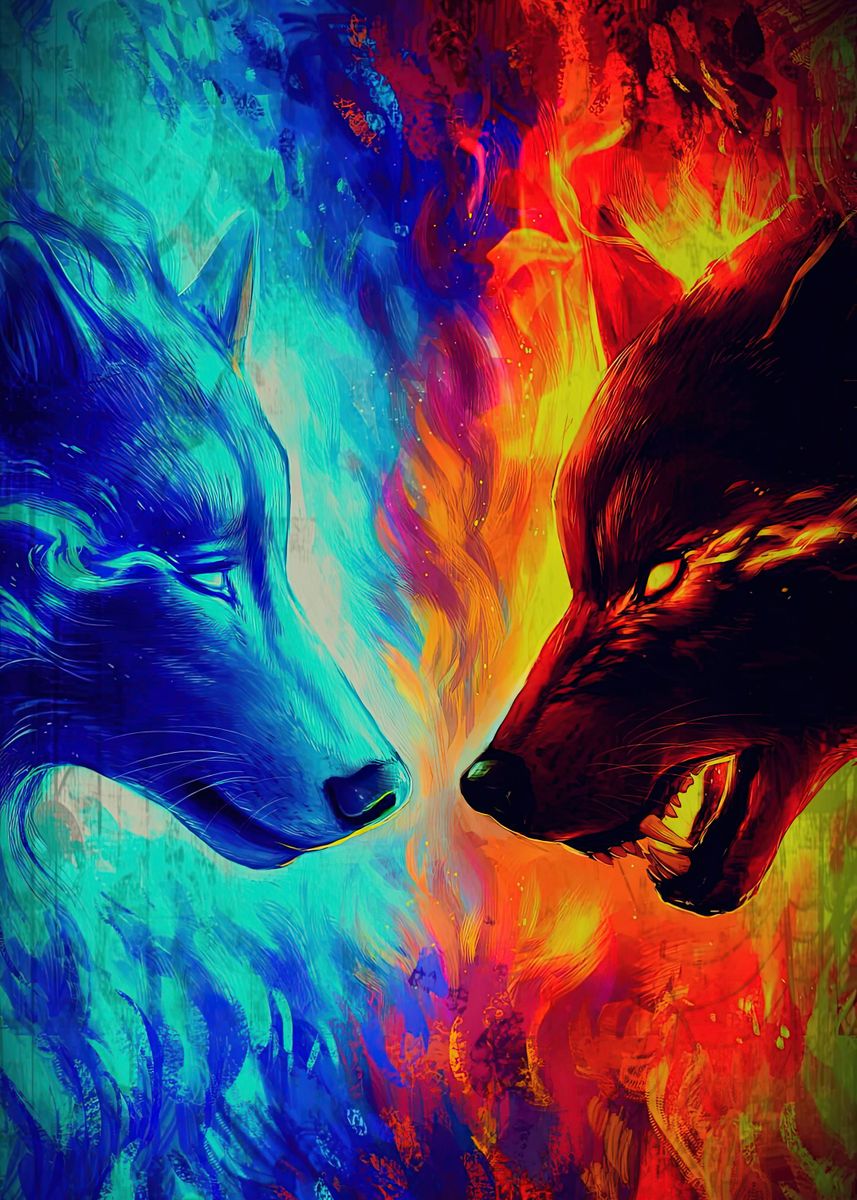 'Double Wolfs Blue Red' Poster, picture, metal print, paint by Michael ...