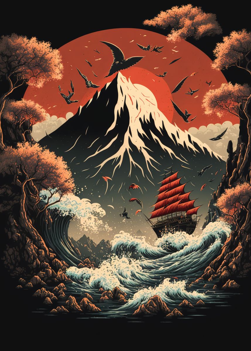 'Wave Mountain Japan' Poster, picture, metal print, paint by Anime ...