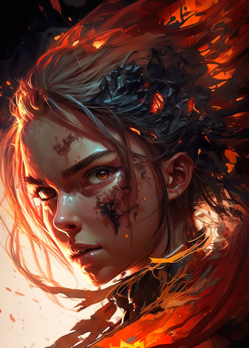 'Red Fire Anime Girl' Poster, picture, metal print, paint by ...