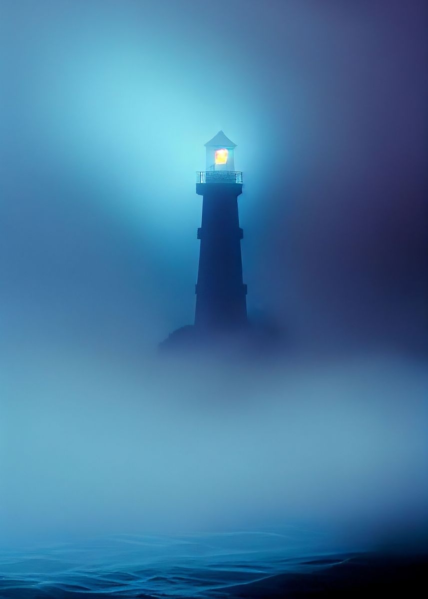 'A lighthouse in the fog' Poster, picture, metal print, paint by ...