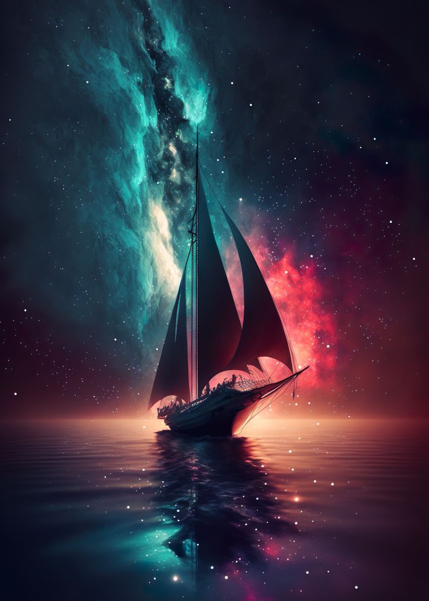 'Space Sailing Boat Galaxy' Poster, picture, metal print, paint by ...