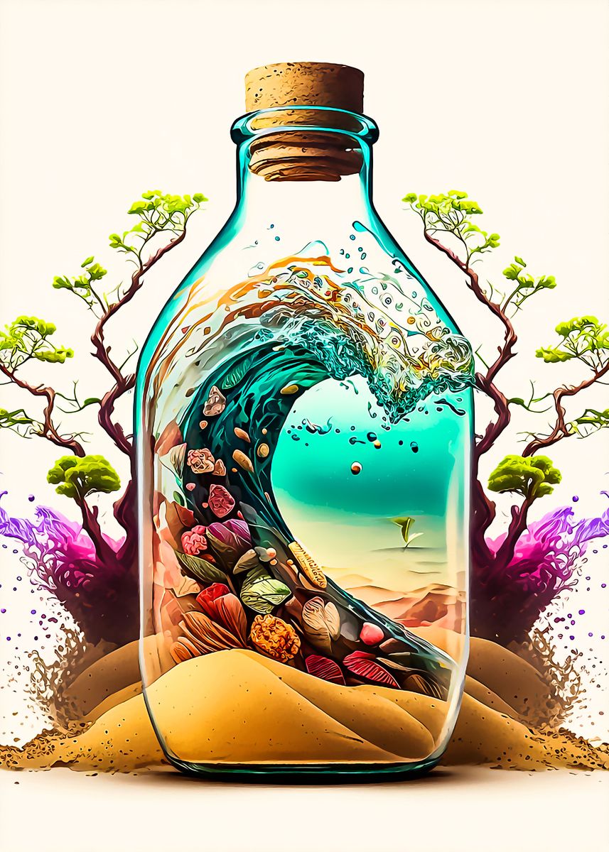 'World in glass bottle' Poster, picture, metal print, paint by tran ...