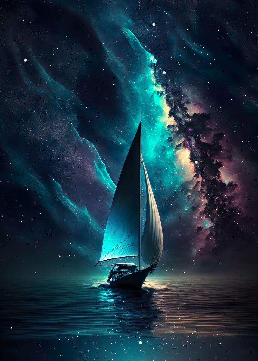 'Space Sailing Boat Galaxy' Poster, picture, metal print, paint by ...