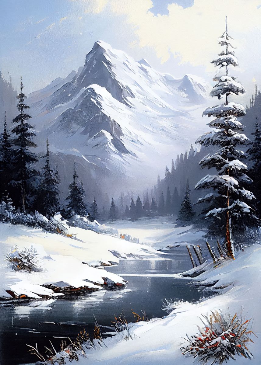 'Snowy Mountains Oil Paint' Poster, picture, metal print, paint by ...