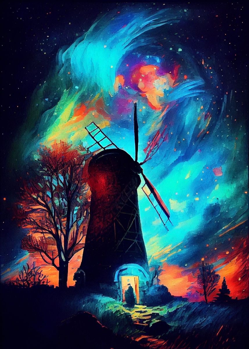 'Neon Night with Windmill' Poster, picture, metal print, paint by Steel ...