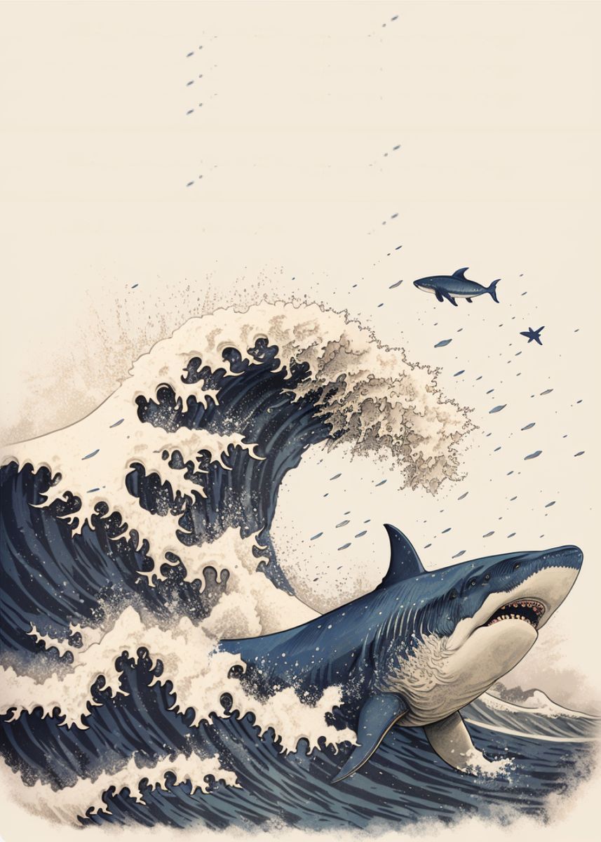 'Shark in Japan Great wave ' Poster, picture, metal print, paint by ...