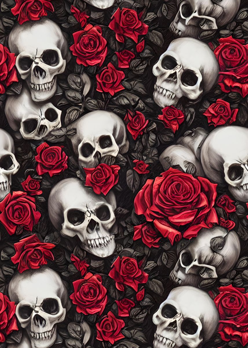 'Skull and Roses' Poster, picture, metal print, paint by Teewyld | Displate