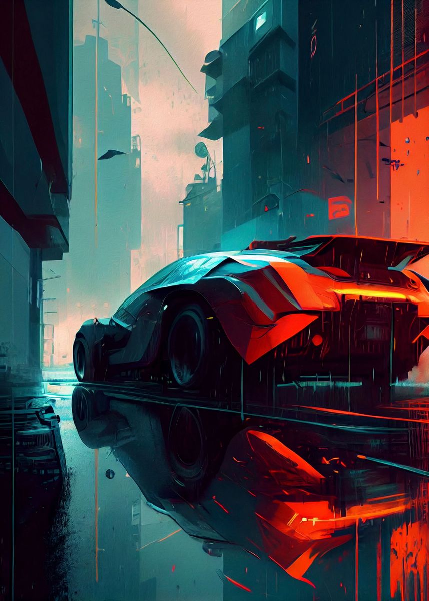 'Sport Car in Future City' Poster, picture, metal print, paint by David ...