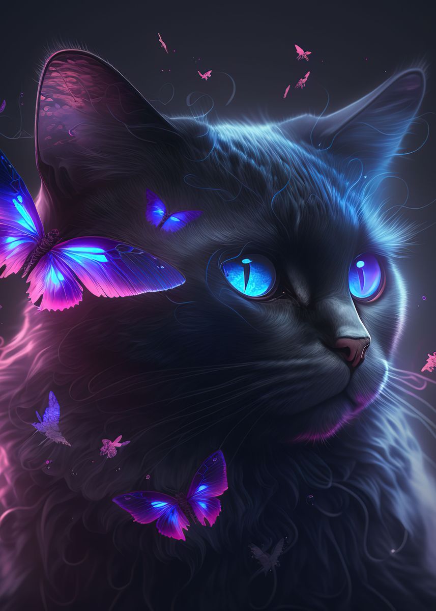 'butterfly and cat' Poster, picture, metal print, paint by King Kean ...